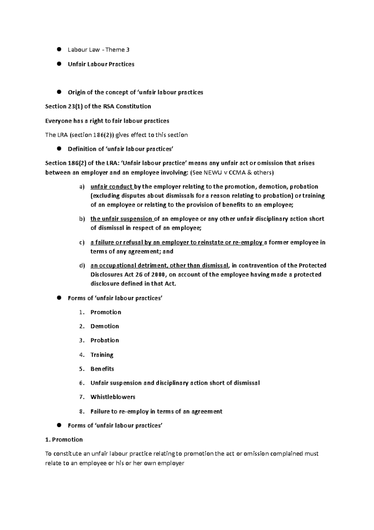 Labour Law - Theme 3: Understanding Unfair Labour Practices Notes - Studocu