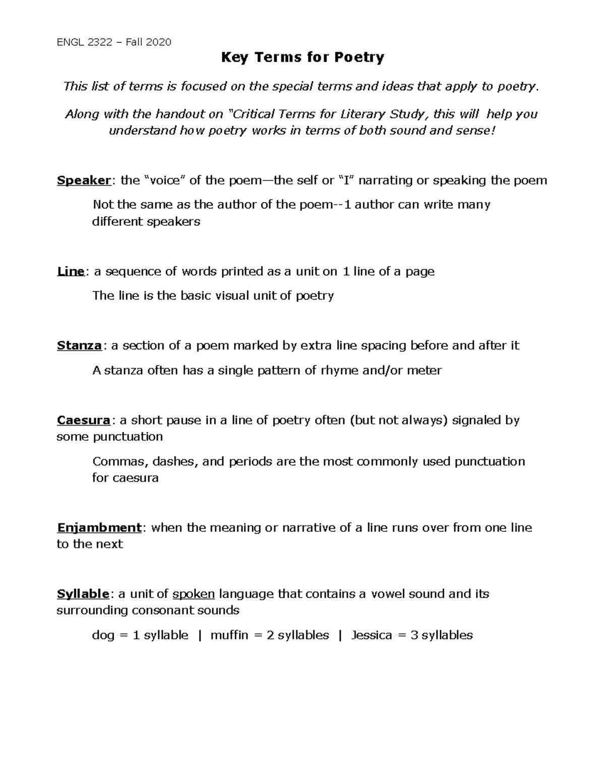 Poetry Terms Brit Lit F20 - ENGL 2322 – Fall 2020 Key Terms for Poetry ...