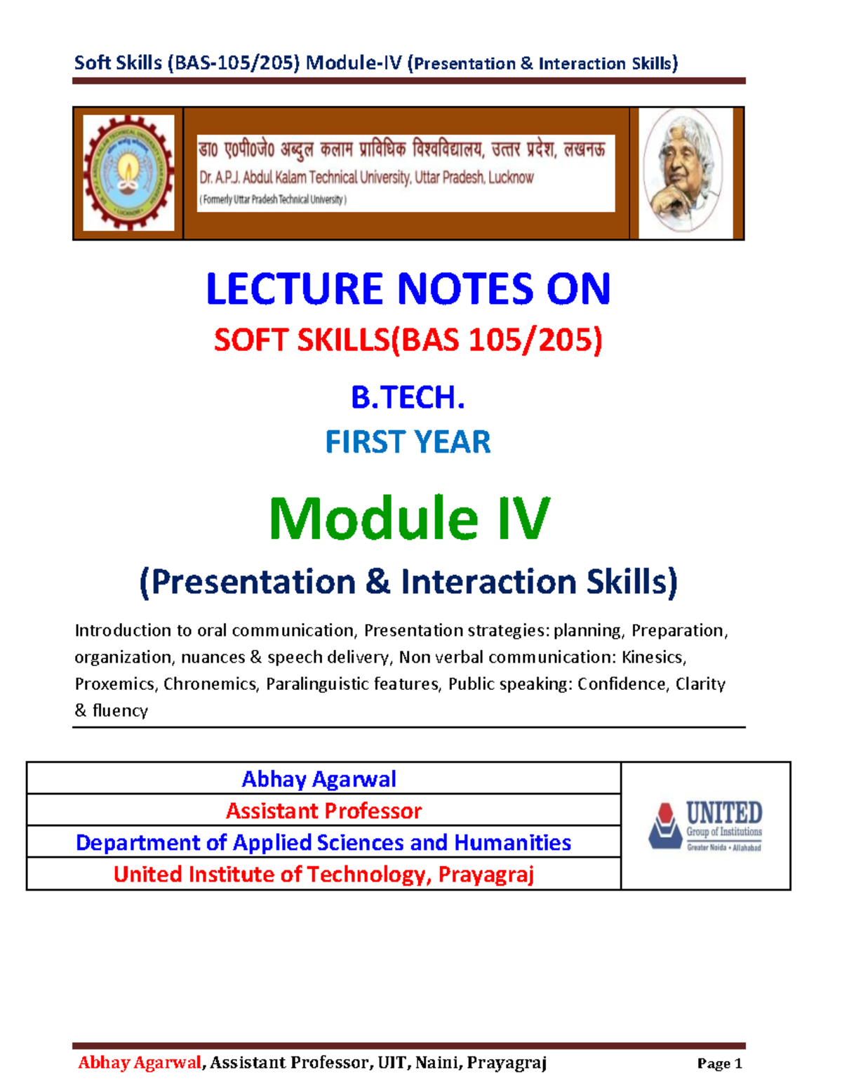 BAS B.TECH. 1st Year Module IV: LECTURE NOTES on Presentation Skills ...