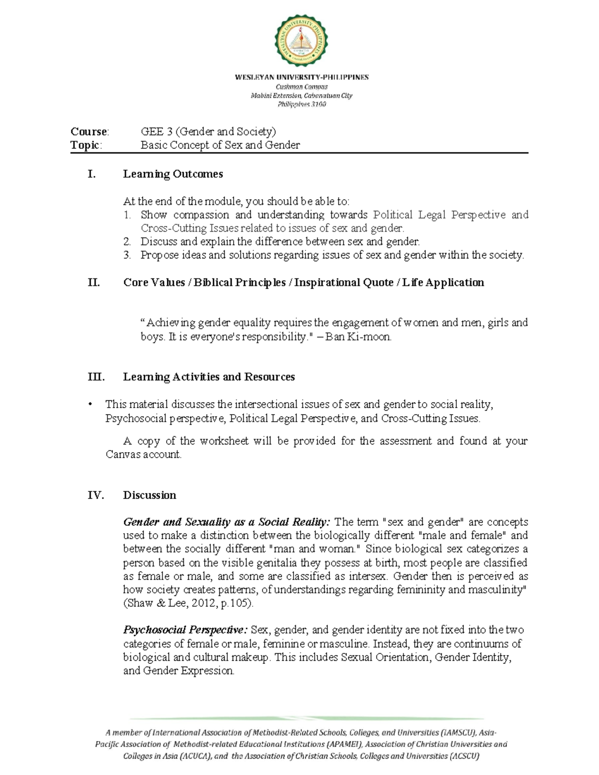 Sex And Gender Module Course Gee 3 Gender And Society Topic Basic Concept Of Sex And