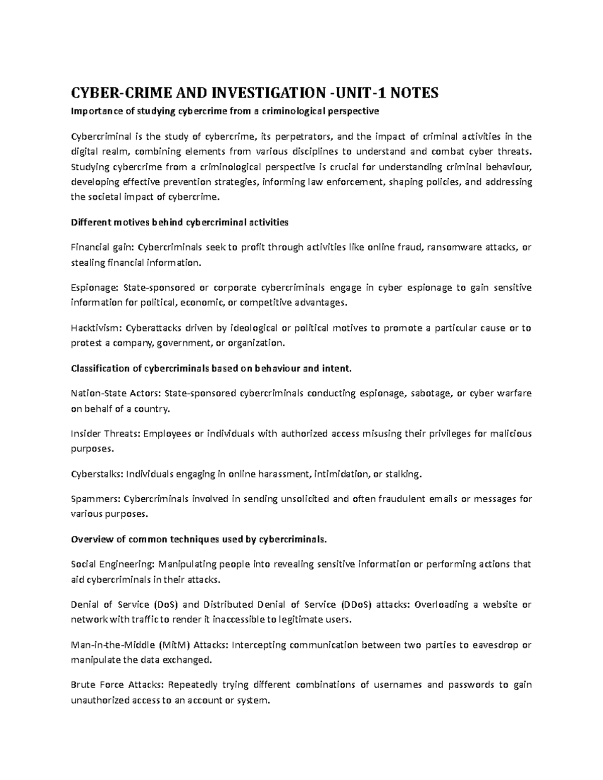 Unit-1 Notes: Overview of Cybercrime Types and Criminological Insights ...