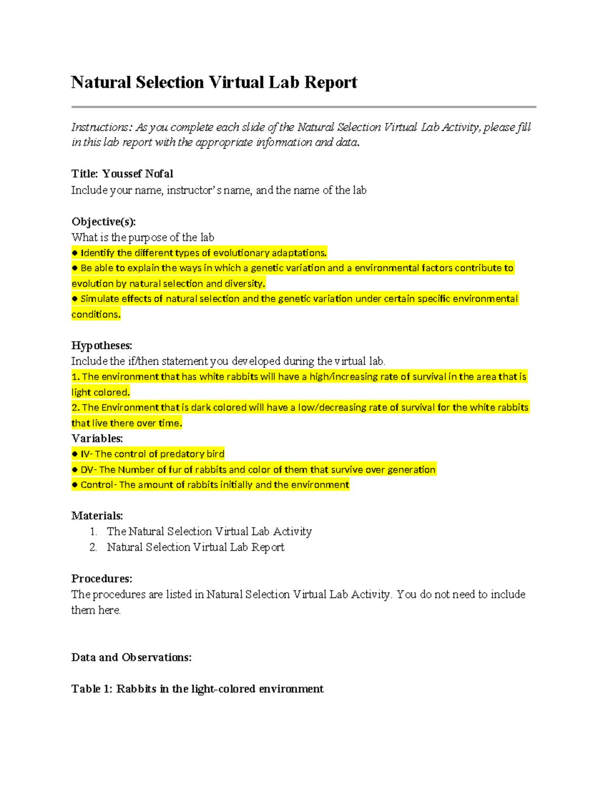 05 02 Natural Selection Lab Report: Evaluating Rabbit Survival Rates ...