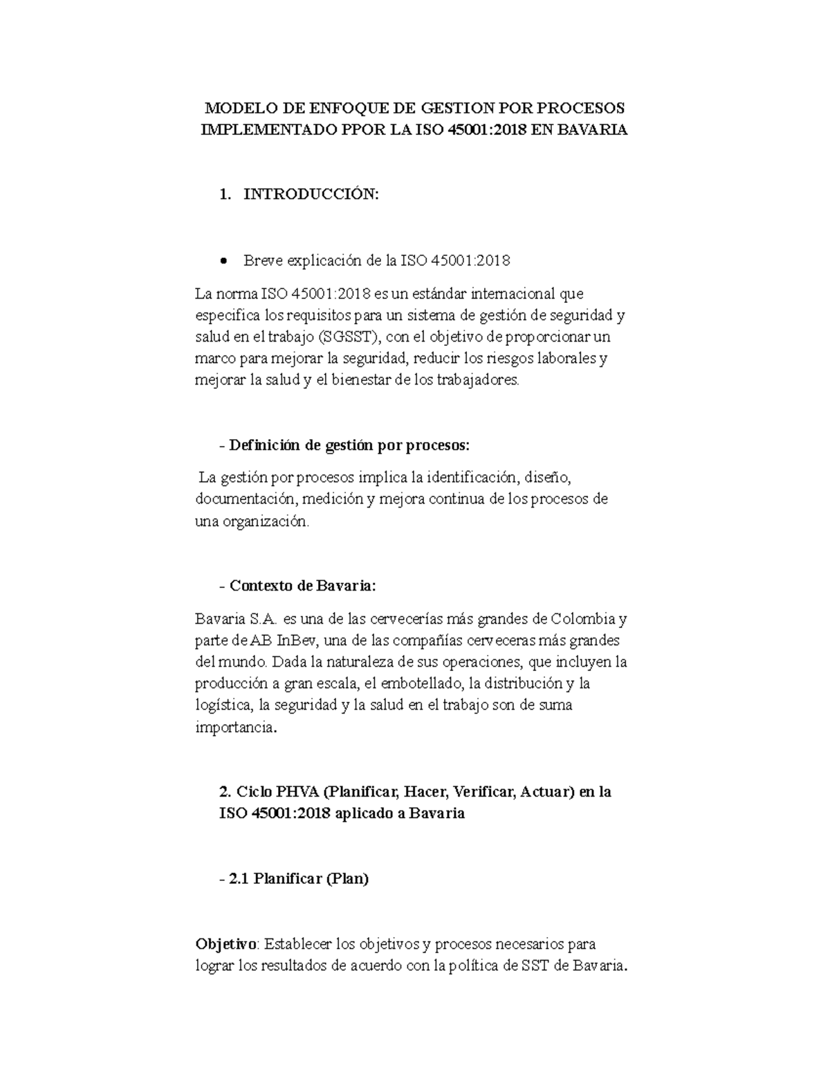 Modelo de Gestión por Procesos ISO 45001:2018 en Bavaria - Studocu
