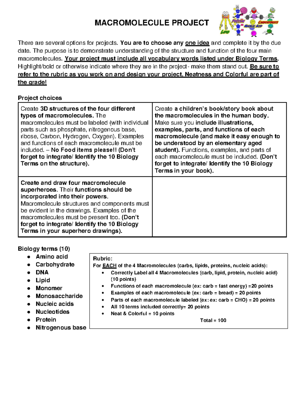 Macromolecule project guidelines and rubric for biology class - Studocu