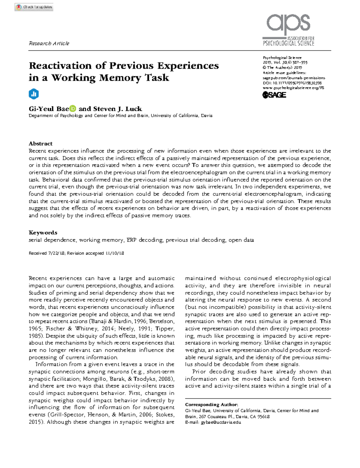 830398 Final Exam: Reactivation of Previous Experiences in Working ...
