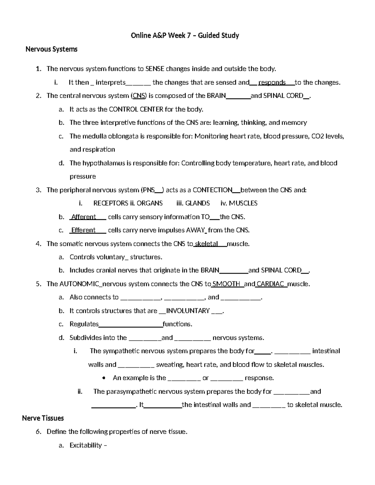 Week 7 Study Guide - Online A&P Week 7 – Guided Study Nervous Systems ...