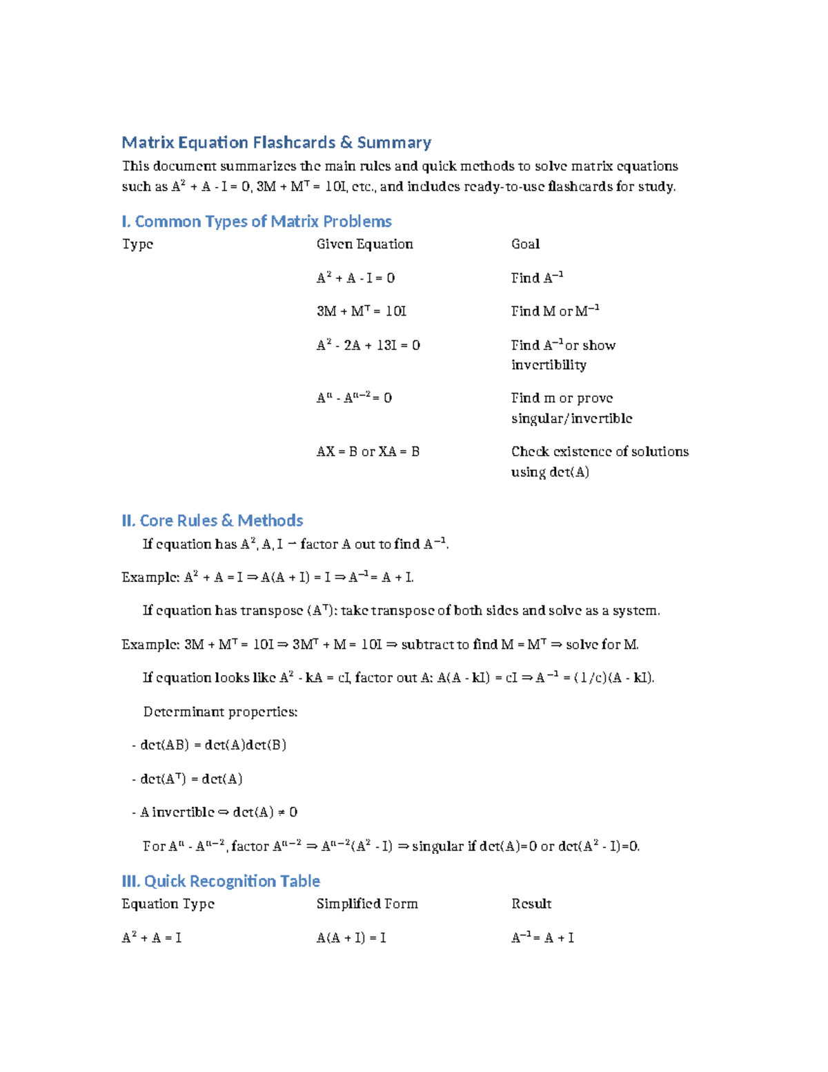 Matrix Equations Summary & Flashcards for Study - Studocu