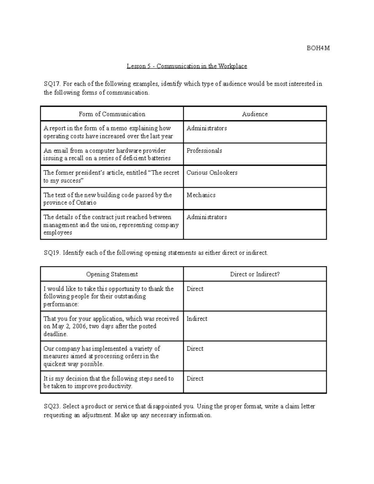 BOH4M Lesson 5: Effective Communication Strategies at Work - Studocu