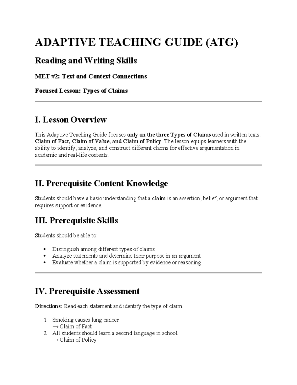 Adaptive Teaching Guide (ATG) on Types of Claims: Reading & Writing ...