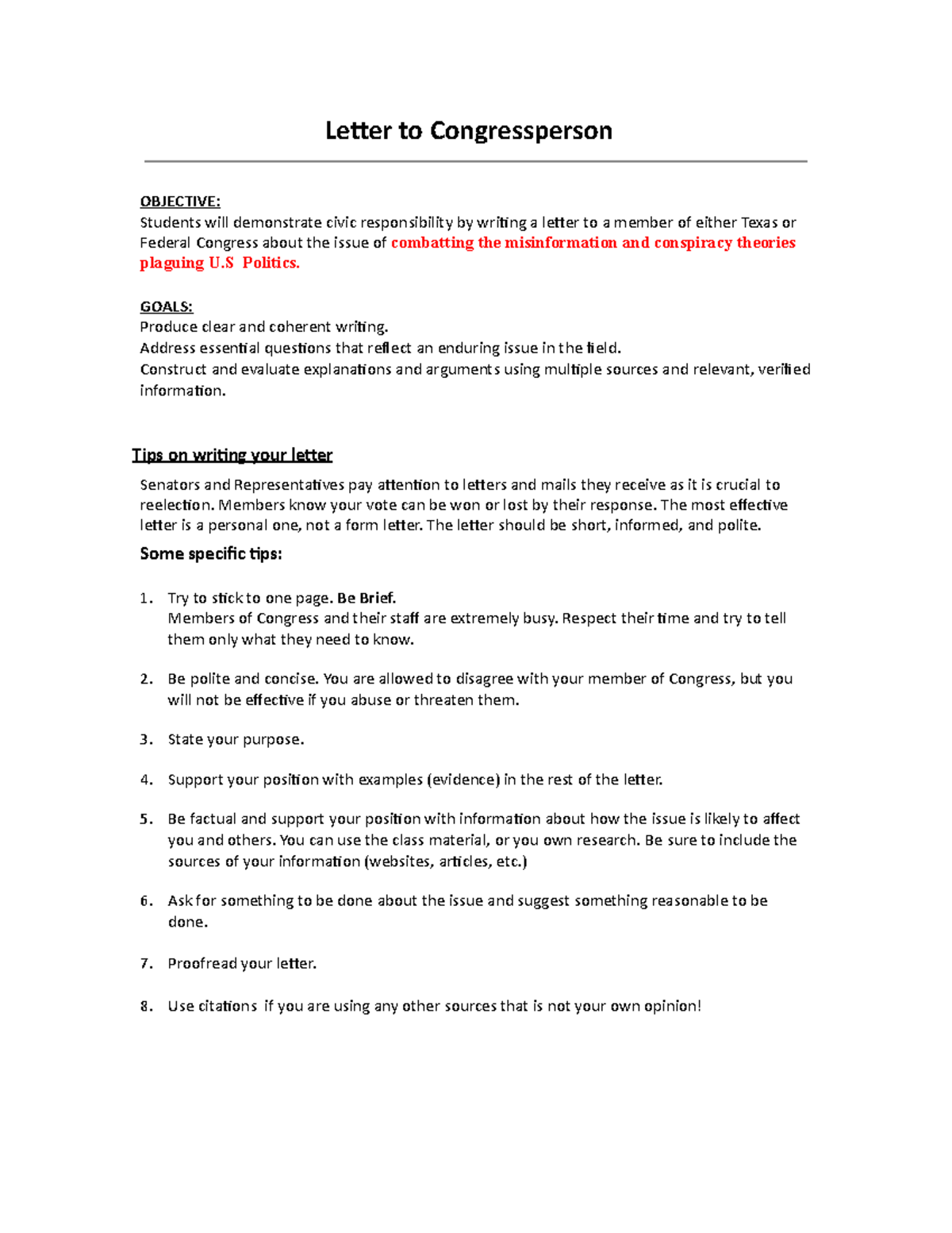 Letter Writing Guide to Congress on Misinformation Issues - Studocu