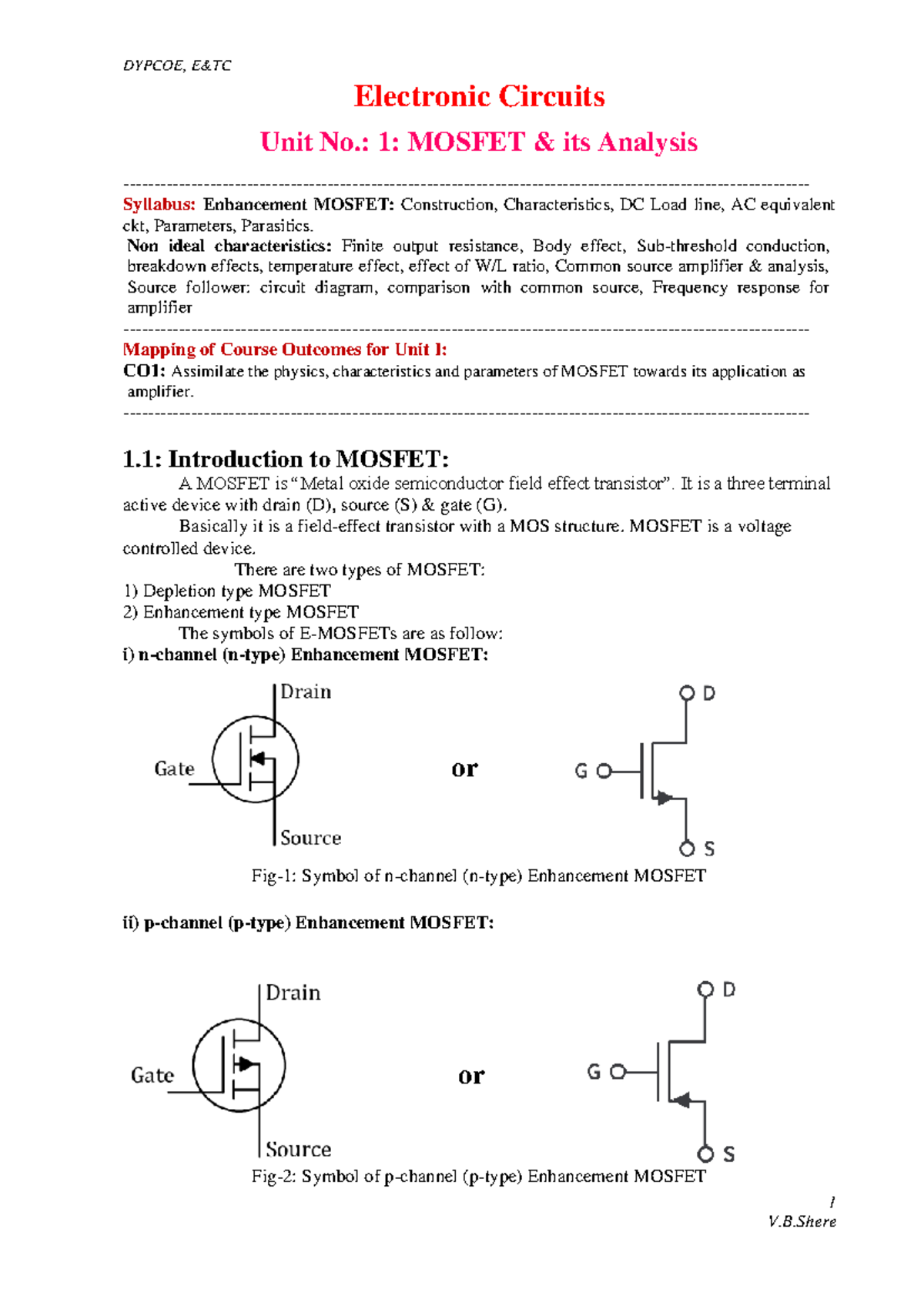 Electronic Circuits - Unit 1: Analysis of MOSFET Characteristics - Studocu