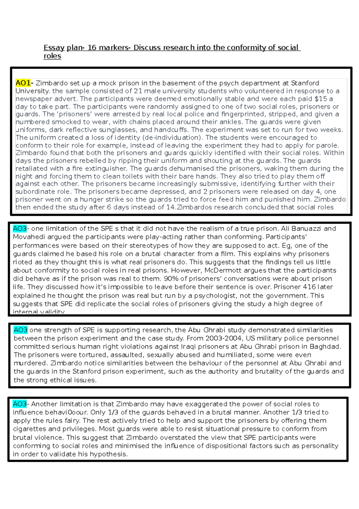 Zimbardo’s SPE: Conformity of Social Roles - Essay Plan (16 Markers ...