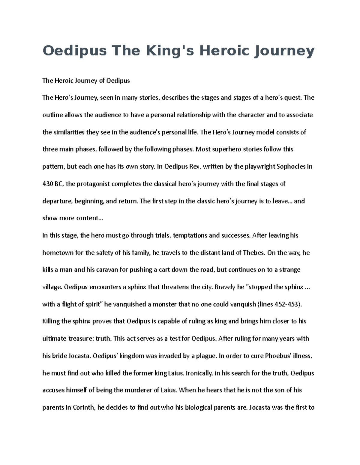Oedipus Rex: Analyzing the Heroic Journey and Tragic Fate - Studocu
