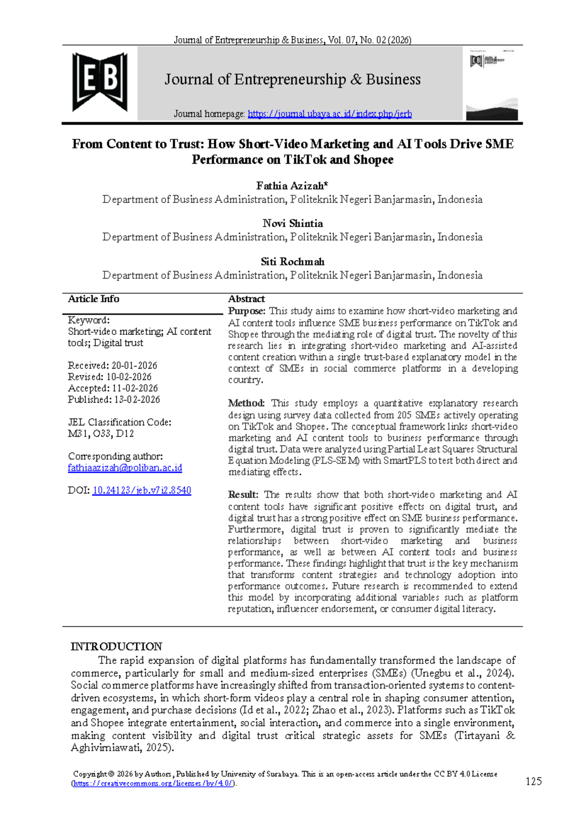 "Journal of Entrepreneurship Business, Vol. 07, No. 02 (2026 ...