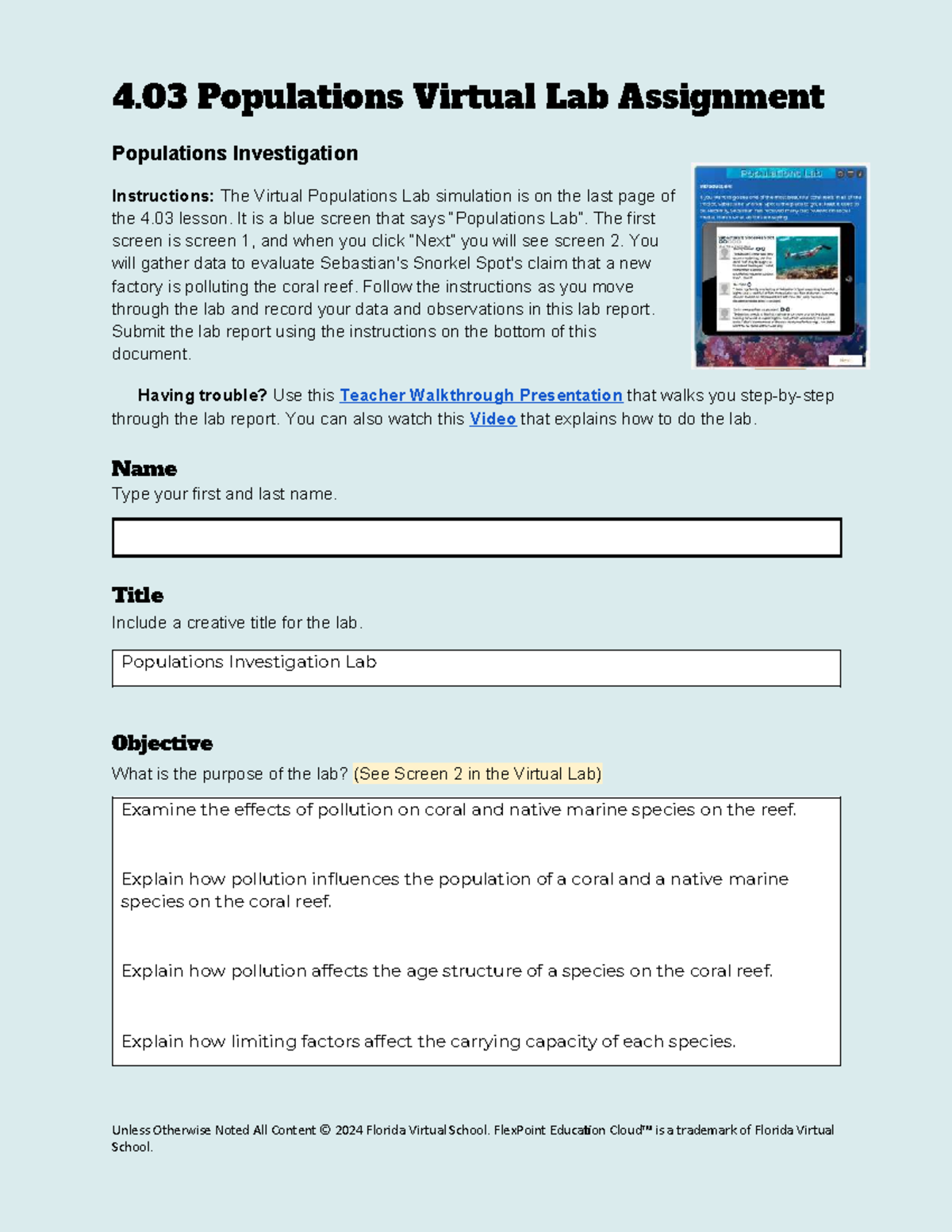 0403 Populations Virtual Lab Report: Investigating Coral Reef Pollution ...