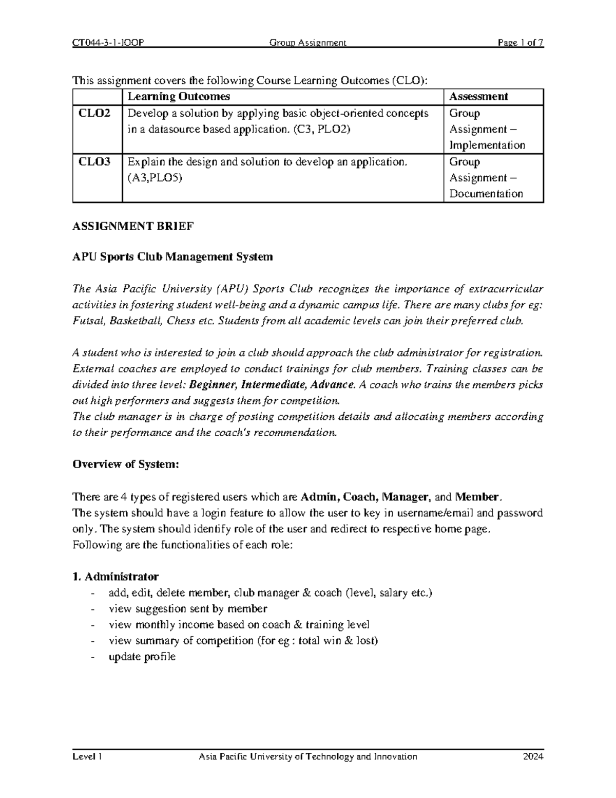 APU IOOP Group Assignment: Sports Club Management System Documentation - Studocu