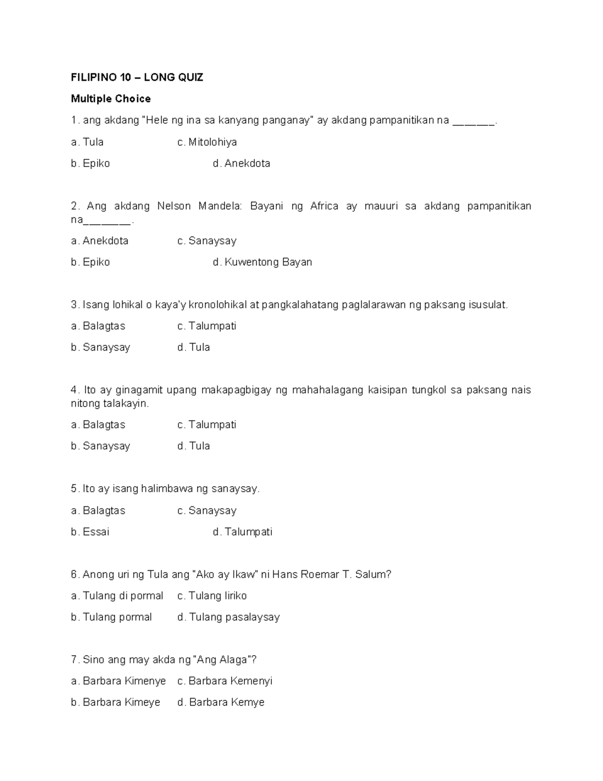 Filipino-.Long QUIZ - None - FILIPINO 10 – LONG QUIZ Multiple Choice ...