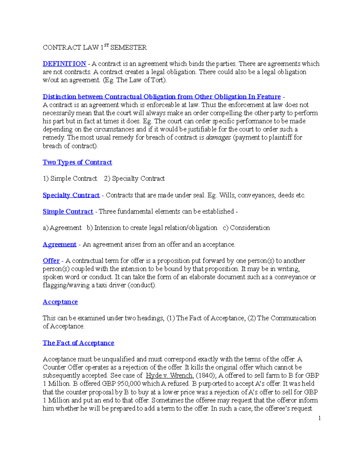 Contract Law Overview - 1st Sem Study Notes - Studocu