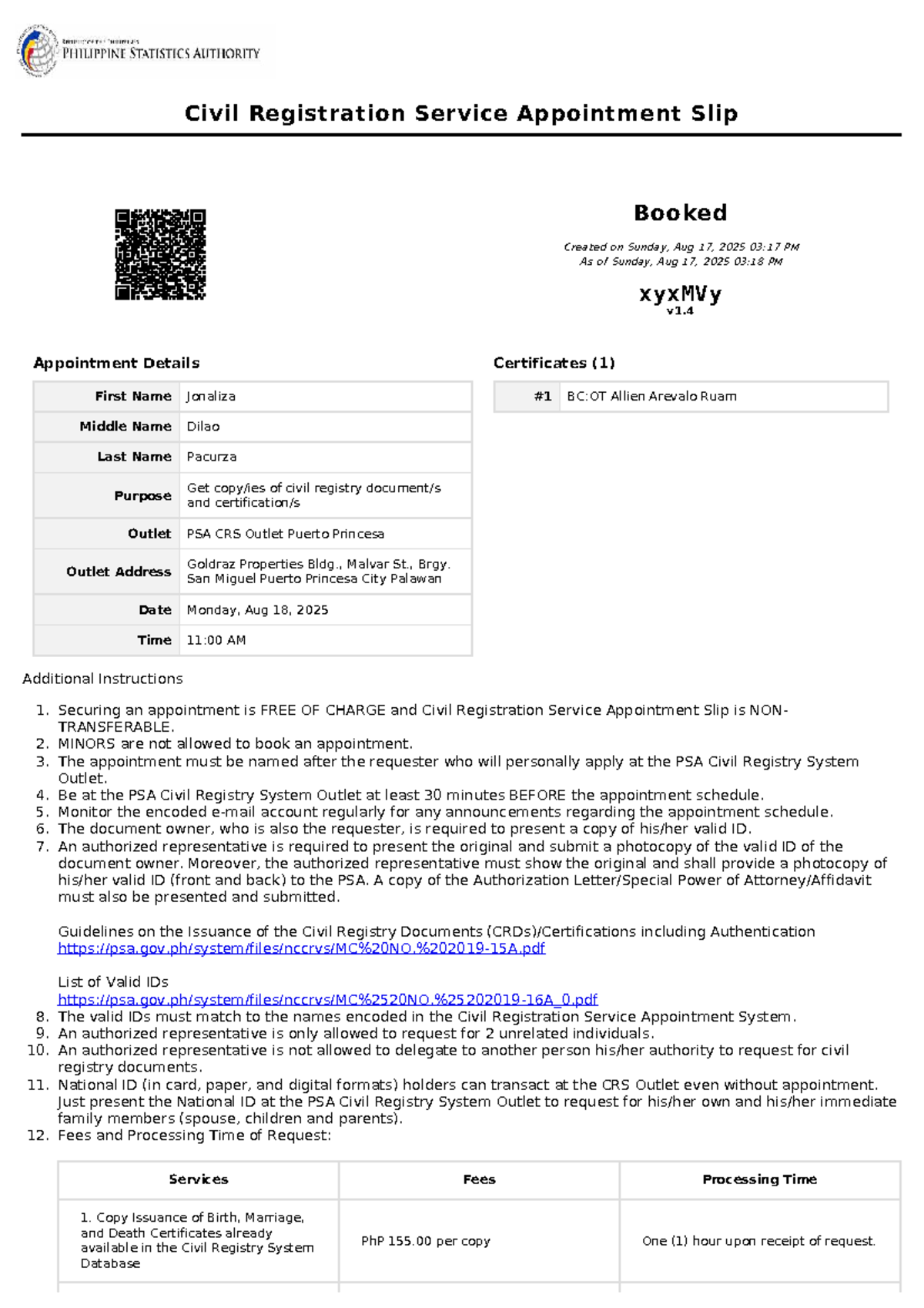 Civil Registration Service Appointment Slip - Aug 18, 2025 - Studocu