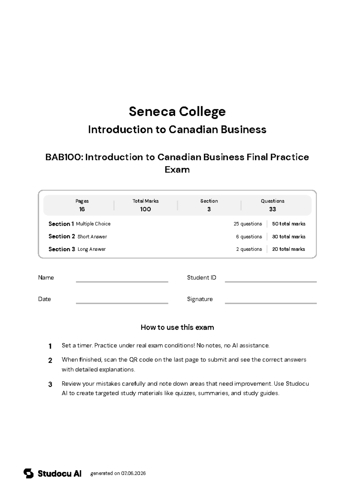 BAB100: Introduction to Canadian Business Final Practice Exam - Studocu