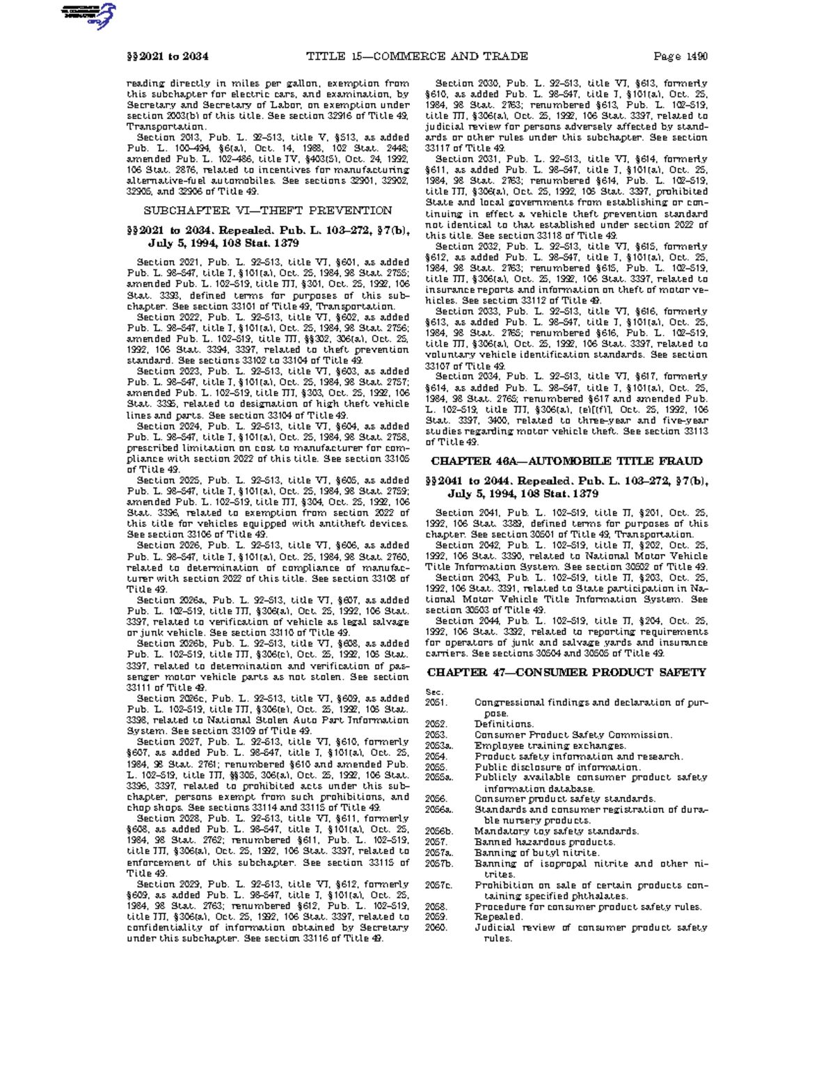 U.S. Code 2011 Title 15 Chapter 47: Consumer Product Safety Standards ...