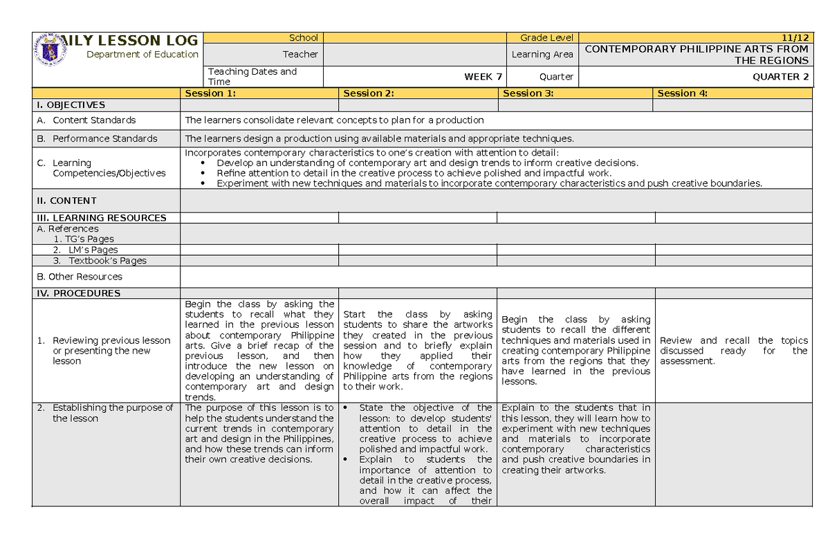 CPAR Q2 WEEK 7: Contemporary Arts Lesson Plan - Studocu