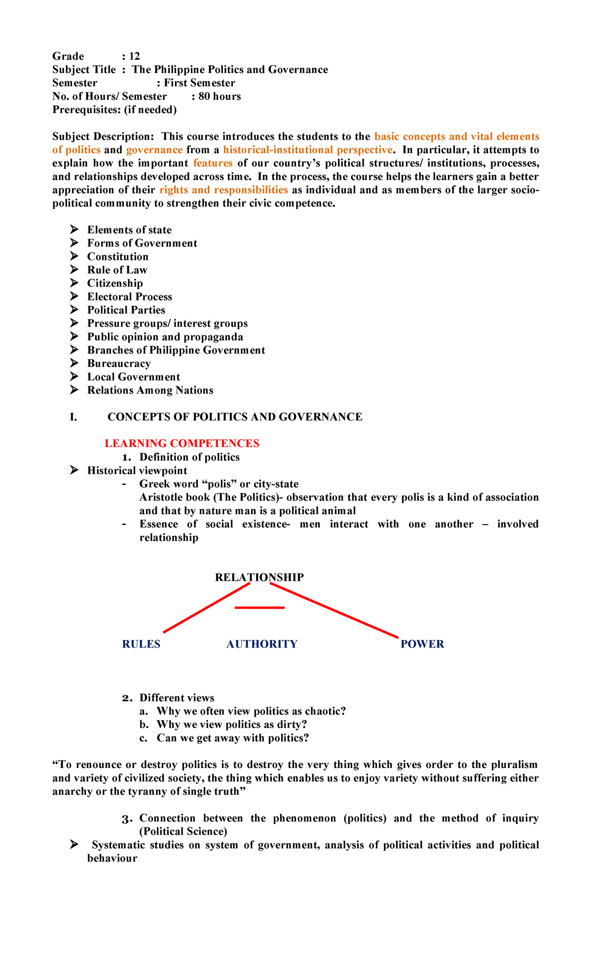 Politics n Gov Content.Training FSUU - Grade : 12 Subject Title : The ...