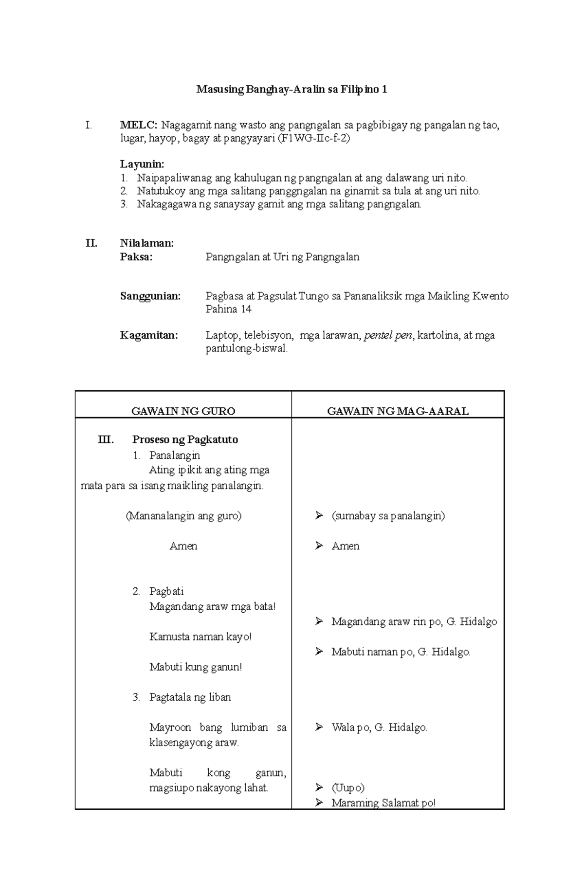 Banghay-Aralin sa Filipino 1: Paghahalimbawa ng Pangngalan - Studocu