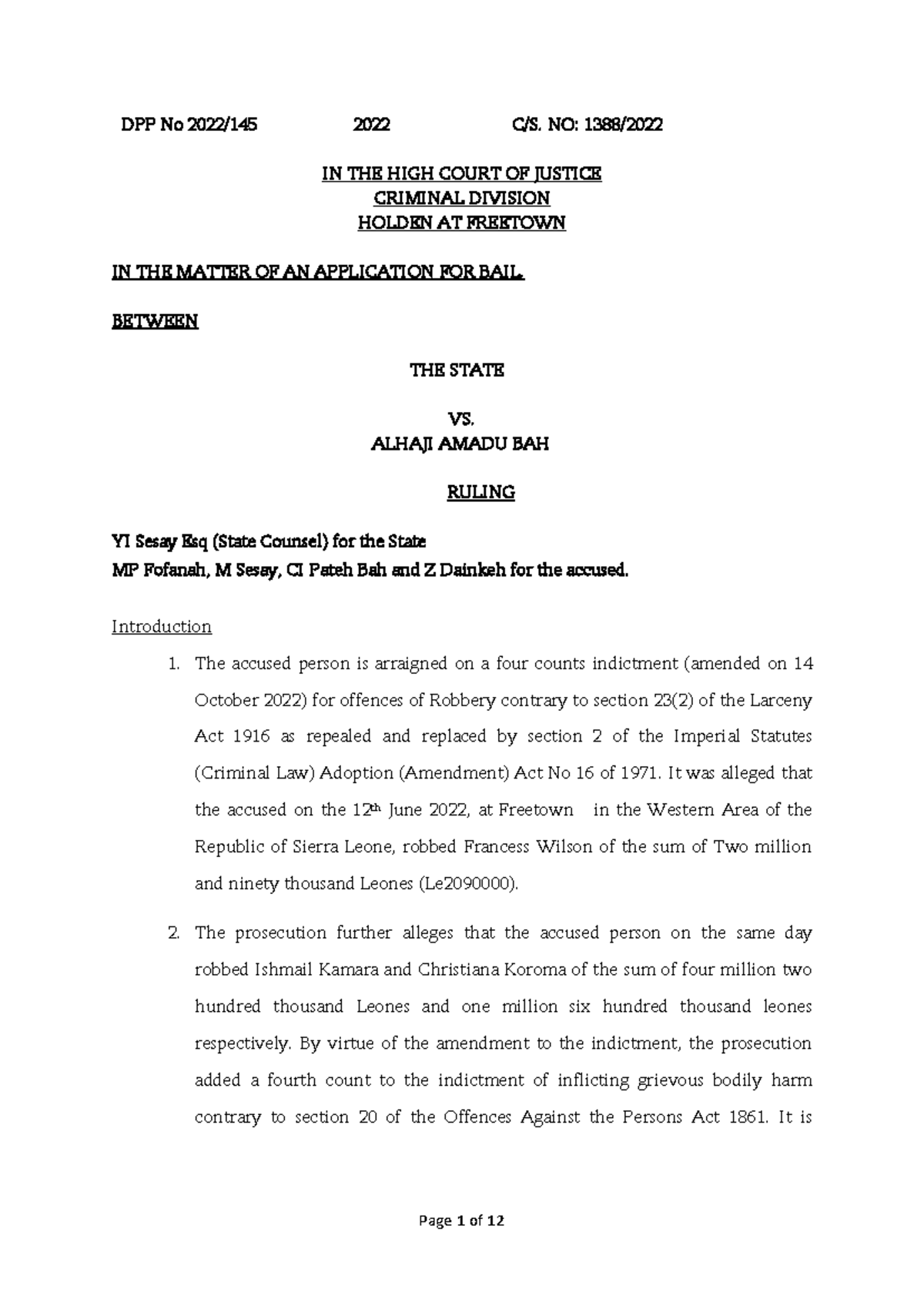 The State v. Alhaji Amadu Bah: Bail Application Ruling (DPP No 2022 ...