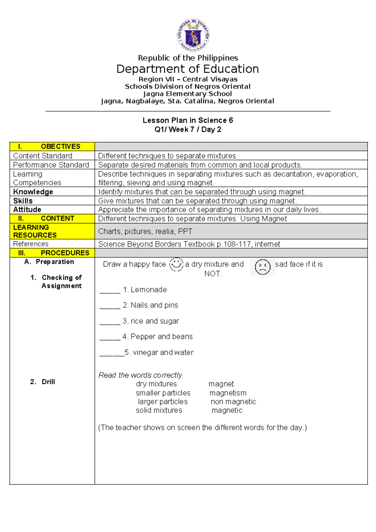 COT Q1 Science 6 - Semi-Detailed Lesson Plan on Separating Mixtures ...
