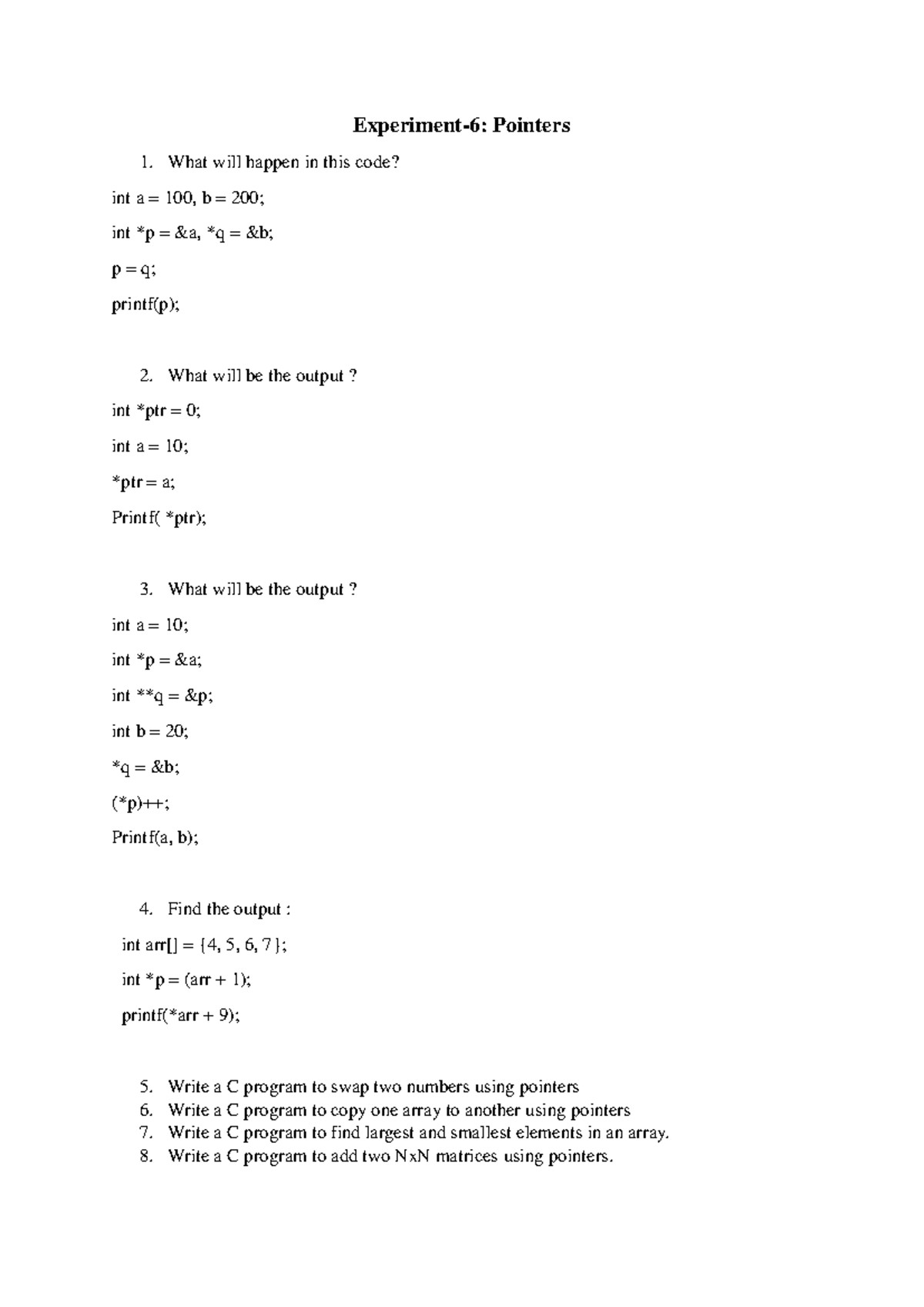 Exp 6-Pointers - hellp - Experiment-6: Pointers What will happen in ...