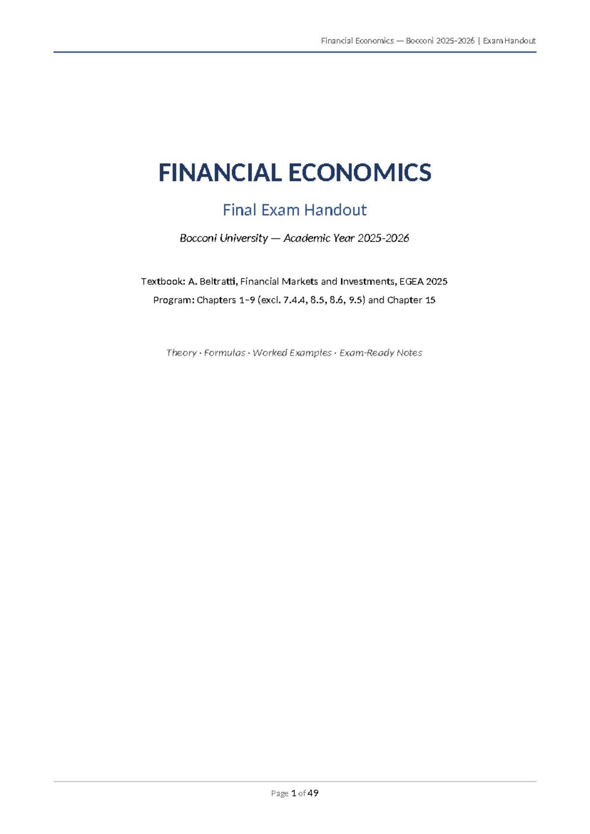 Financial Economics FIN 2025 Final Exam Study Guide - Bocconi ...
