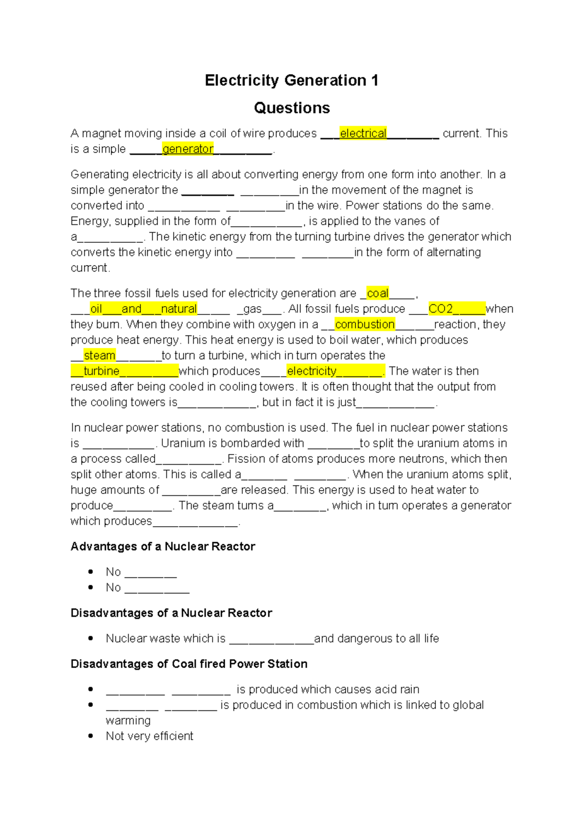 Electricity Generation 1: Key Concepts and Questions Worksheet - Studocu