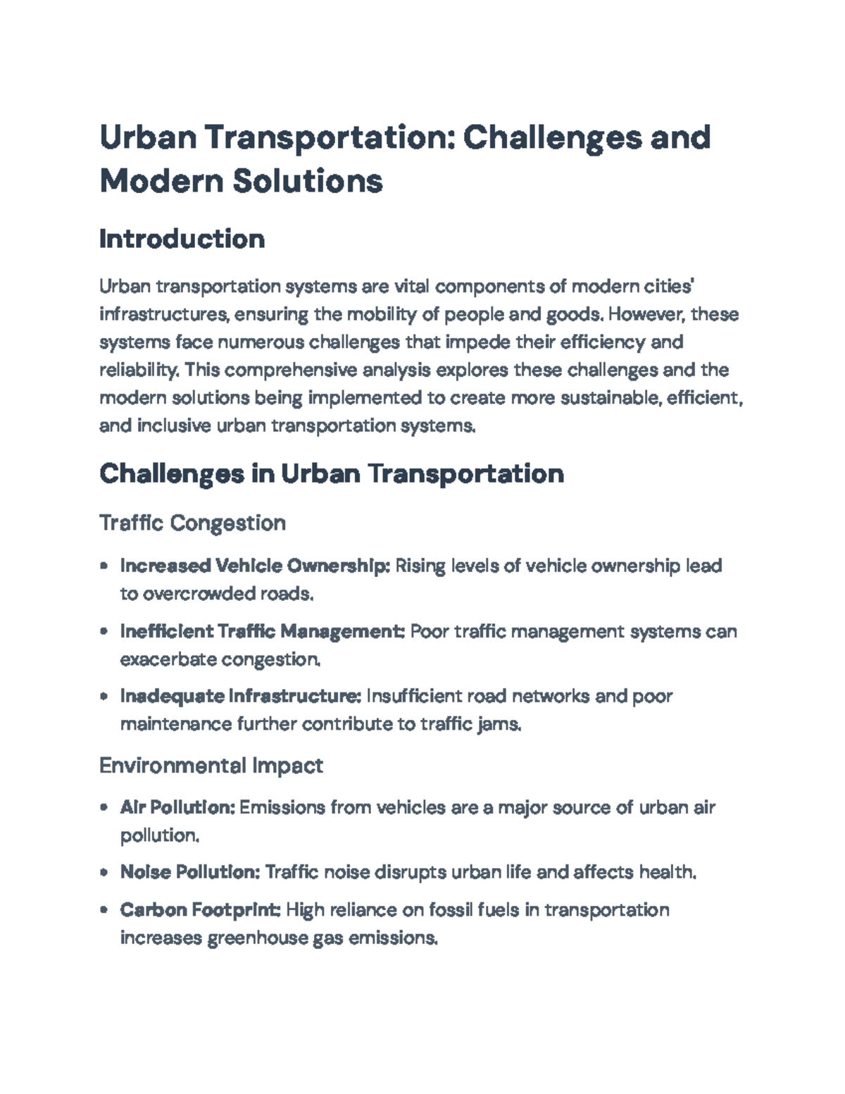 Modern Solutions to Urban Transportation Challenges: A Comprehensive ...
