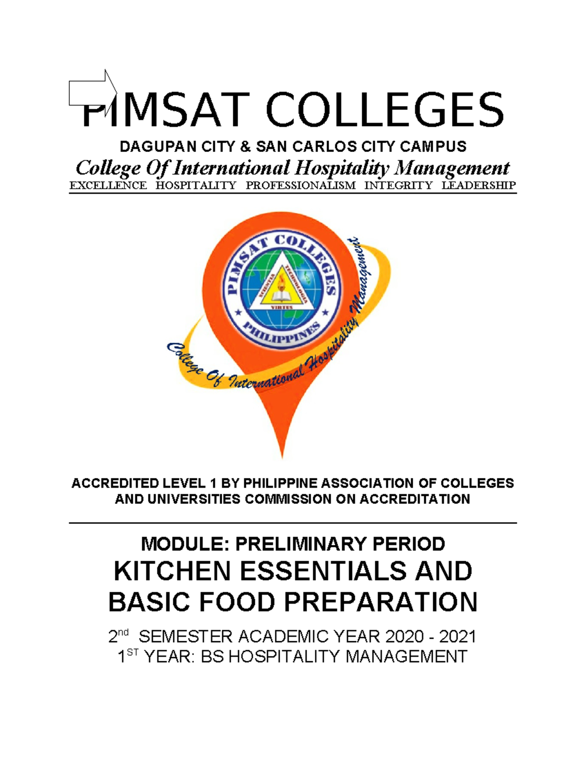 PIMSAT 1- Prelim Module: Kitchen Essentials & Basic Food Prep - Studocu
