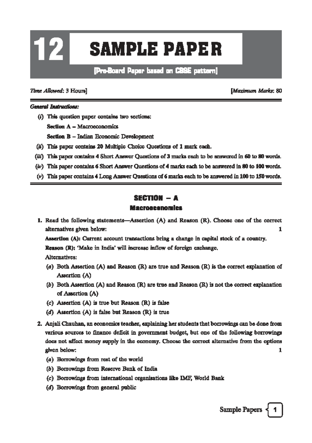CBSE Class 12 EAD Economics Pre-Board Sample Paper 12 - Studocu