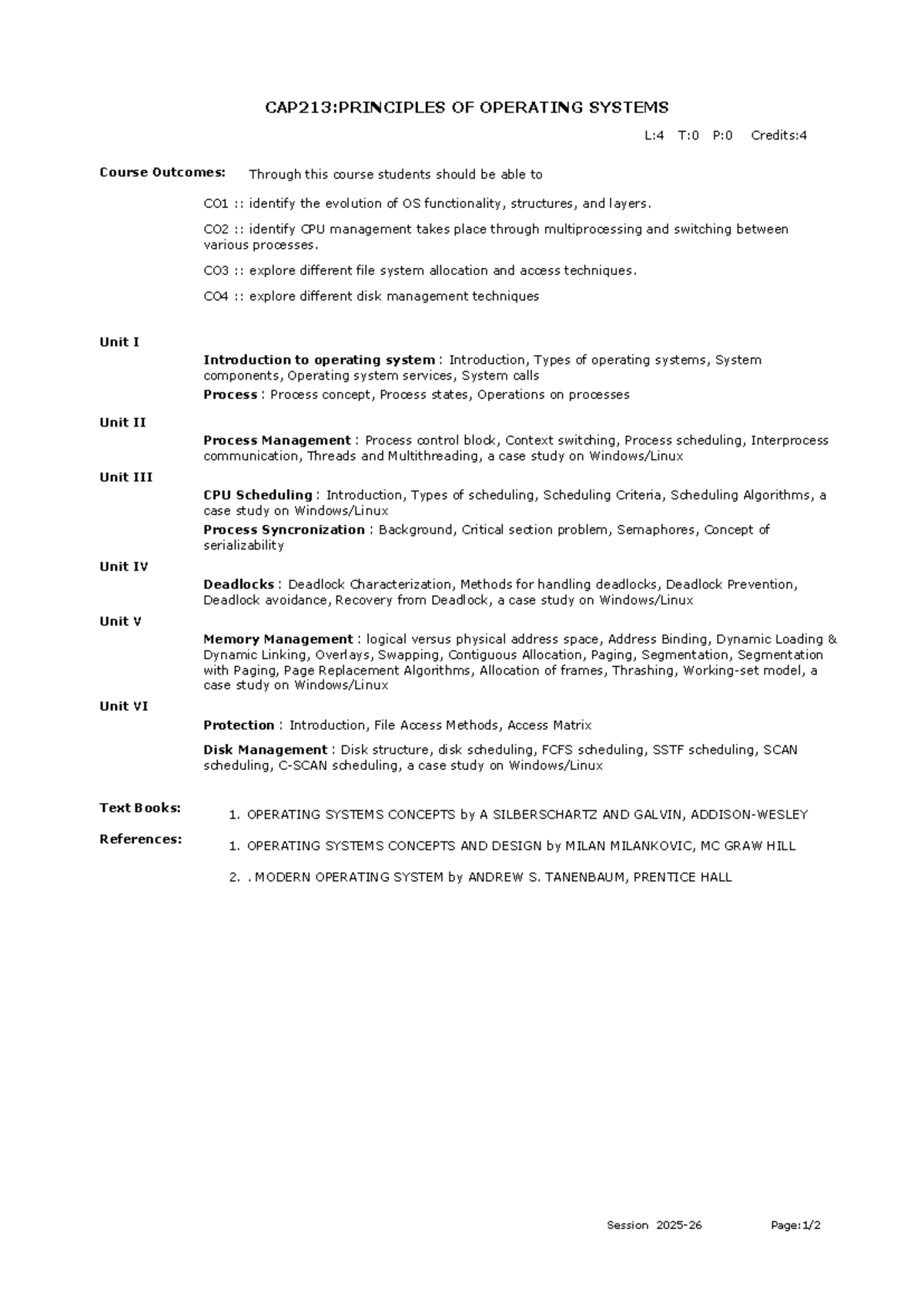 CAP213: Principles of Operating Systems Syllabus Overview - Studocu