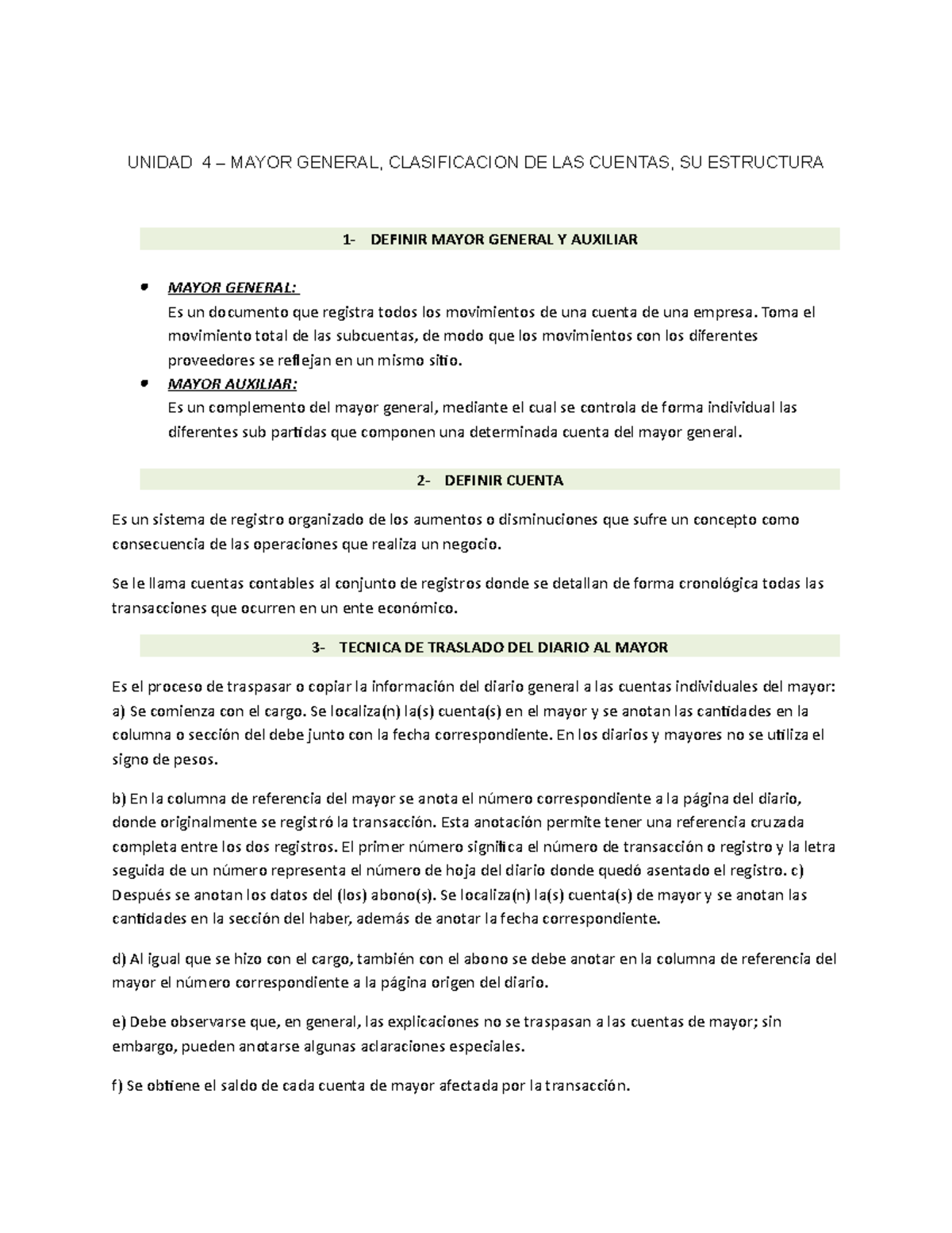 Unidad 4: Mayor General y Clasificación de Cuentas Contables - Studocu