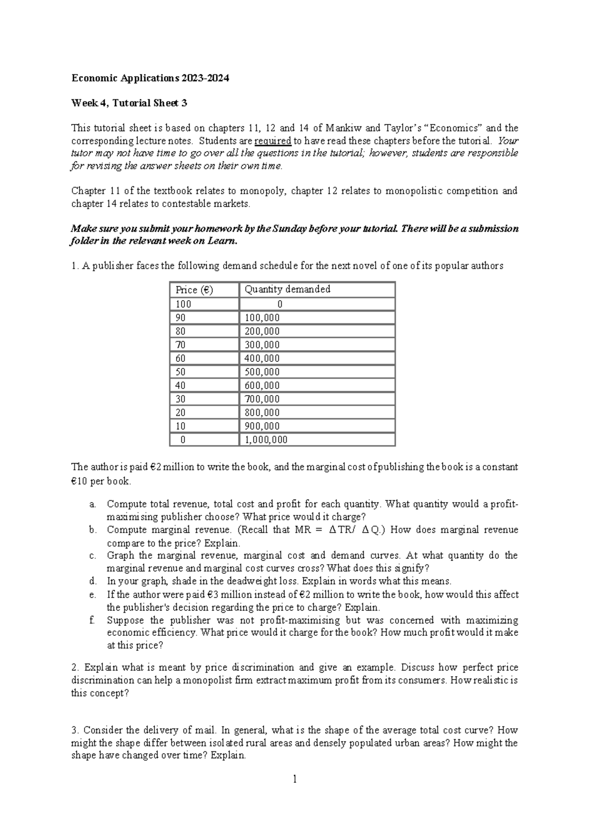 Tutorial 3 - 1 Economic Applications 2023 - 2024 Week 4, Tutorial Sheet 3 This tutorial sheet is ...