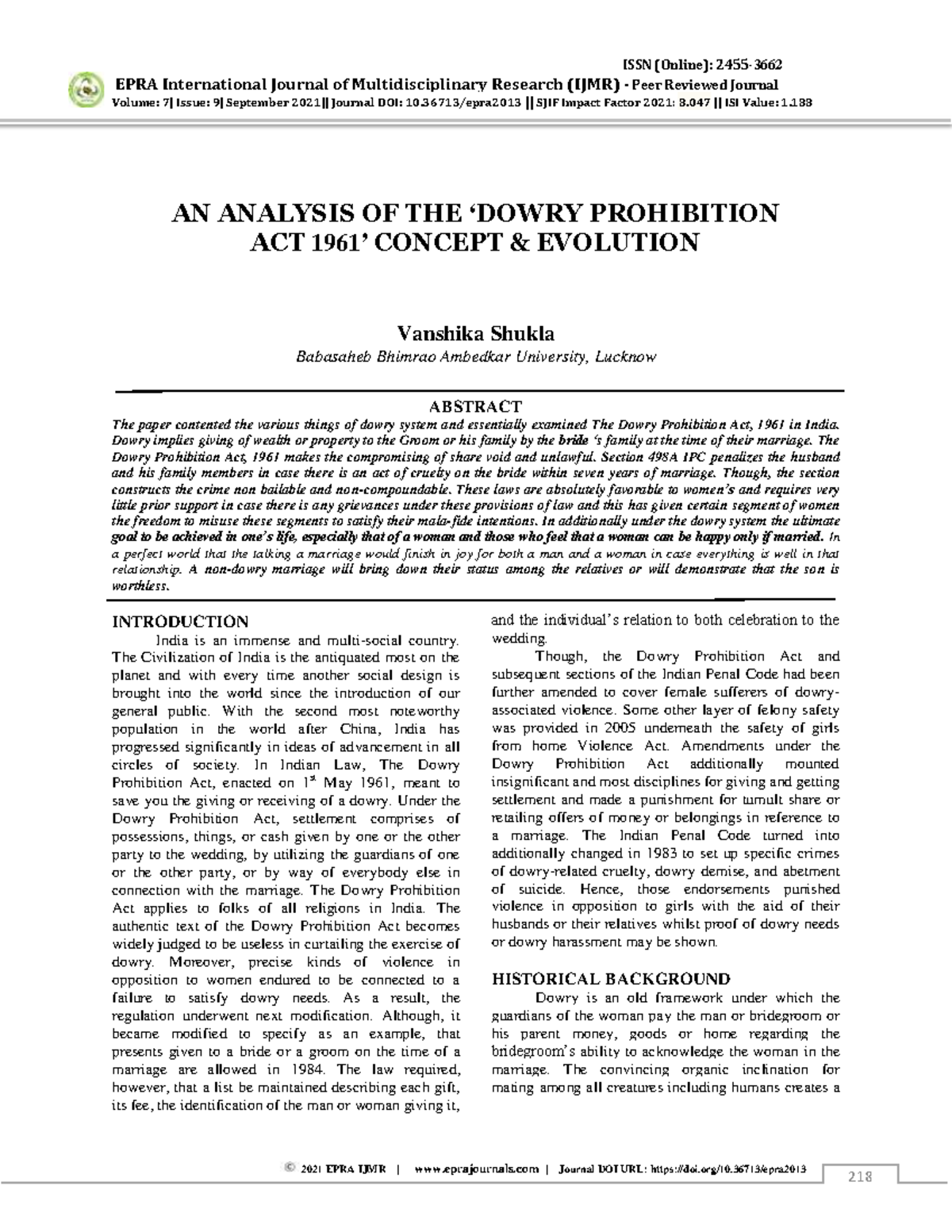 Analysis of the Dowry Prohibition Act (1961): A Comprehensive Study ...