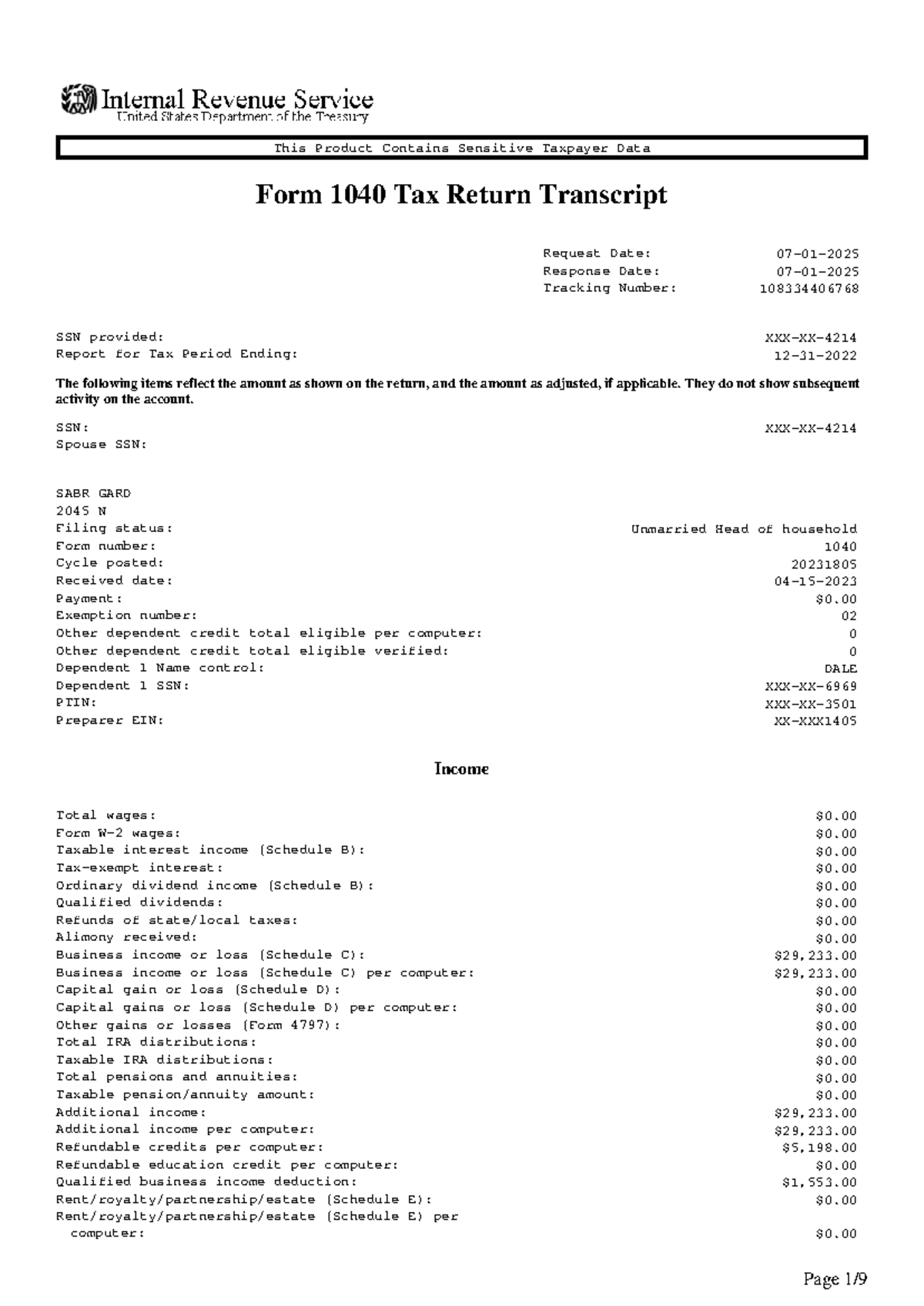 Form 1040 Tax Return Transcript Request - Sensitive Data Report - Studocu