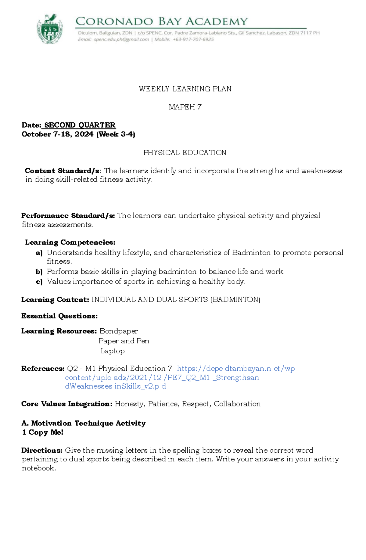 G7 LP Q2 WEEK 3 4 PE CBA - Help as guide to teach the learners - WEEKLY ...