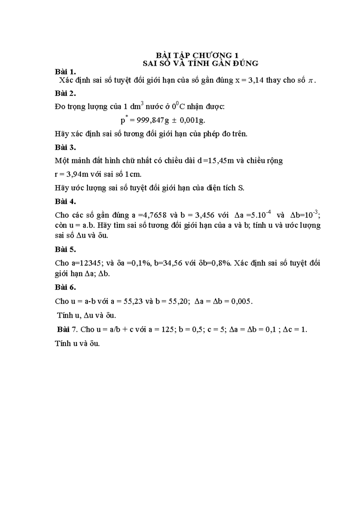 BÀI TẬP CHƯƠNG 1: SAI SỐ VÀ TÍNH GẦN ĐÚNG (MATH 101) - Studocu