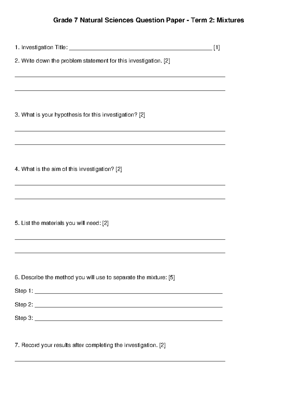 Grade 7 NS Term 2: Mixtures Investigation & Rubric - Studocu