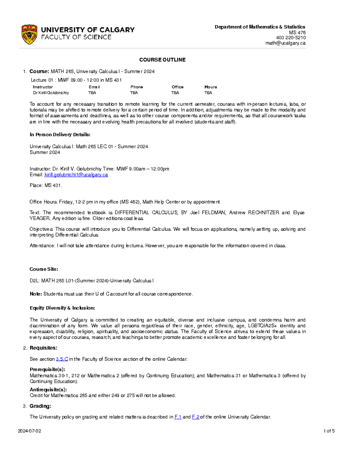 MATH 265 University Calculus I Summer 2024 Course Outline - Studocu