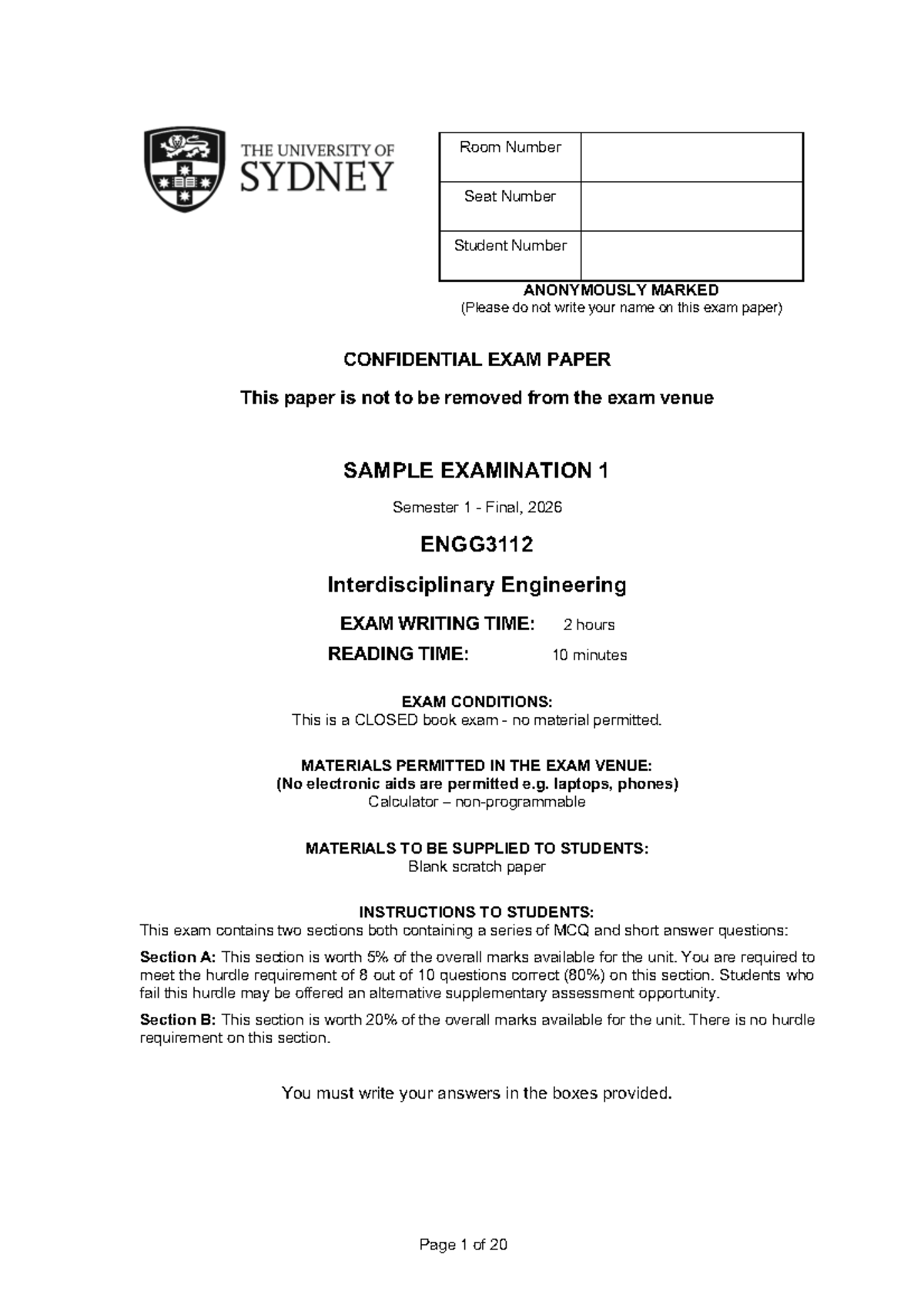ENGG3112 Semester 1 Final Exam Sample 2026 - Studocu
