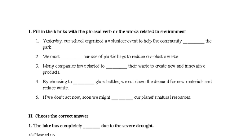 BTVN 25 - Environmental Phrasal Verbs and Sentence Completion - Studocu