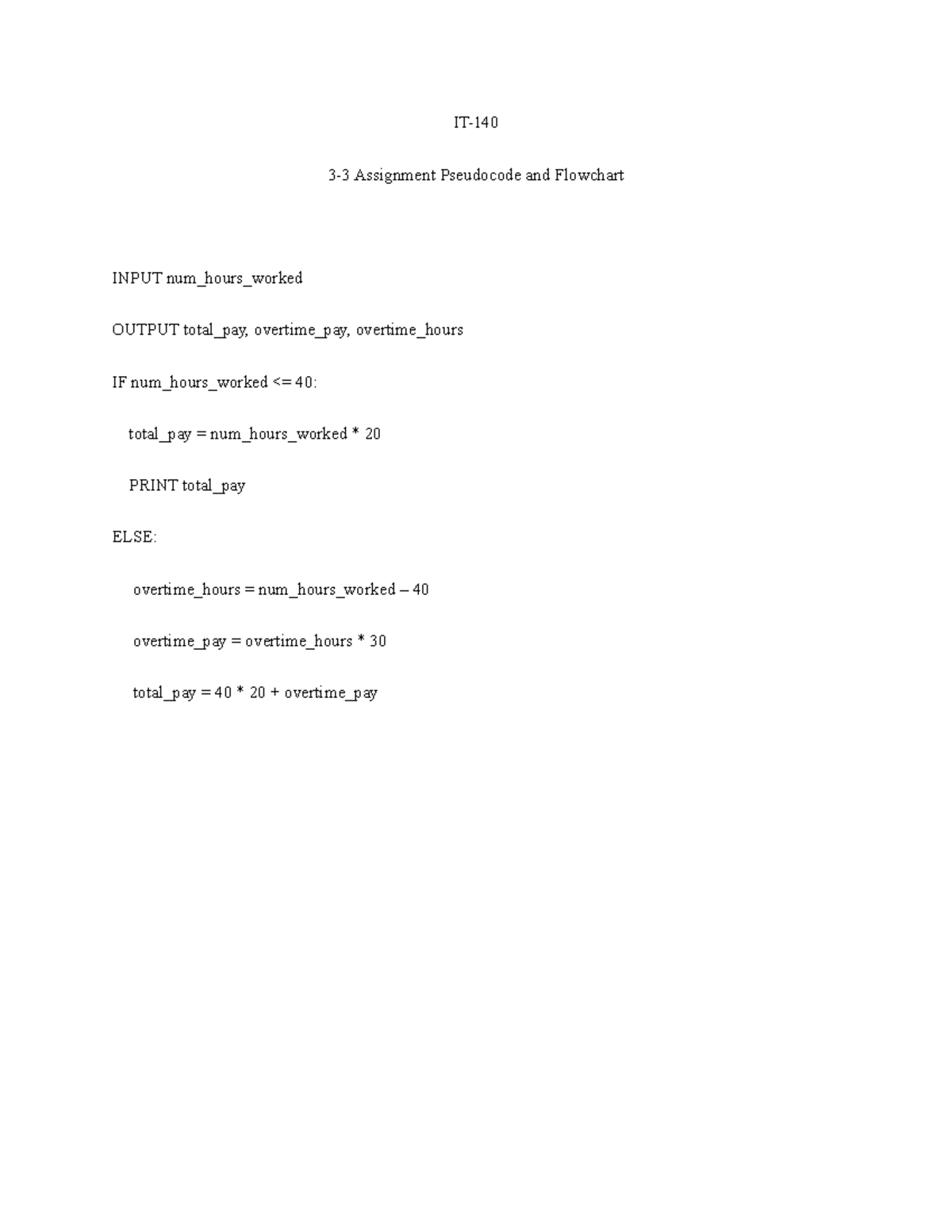 IT-140 3-3 assignment - IT140 - IT- 3-3 Assignment Pseudocode and Flowchart INPUT num_hours ...