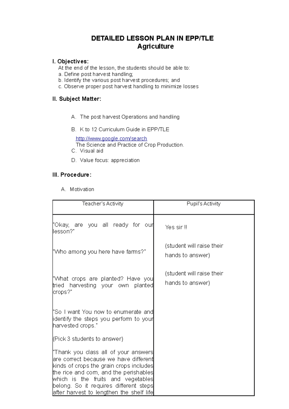 Daily Lesson PLAN edtle - DETAILED LESSON PLAN IN EPP/TLE Agriculture I ...
