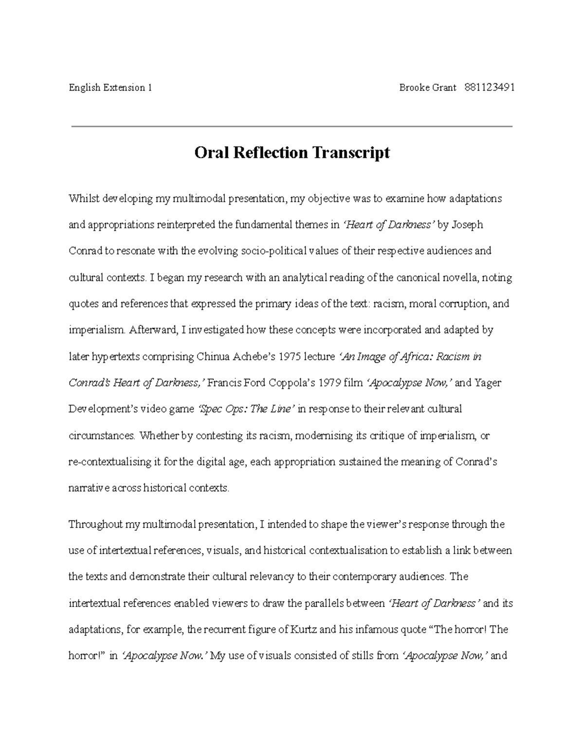 English Extension EE1 Oral Reflection on Adaptations of Conrad's Work ...